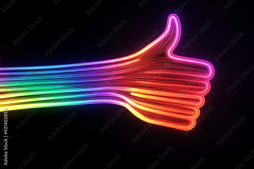 Neon outline of thumbs up emoji with rainbow colored light trails ...