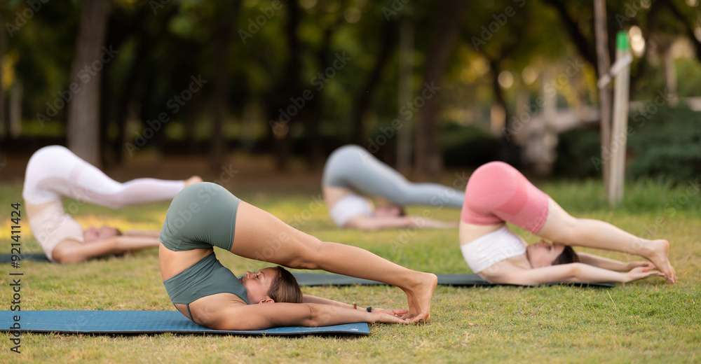 Hatha yoga teacher conducts leading lesson for girls in park, shows ...