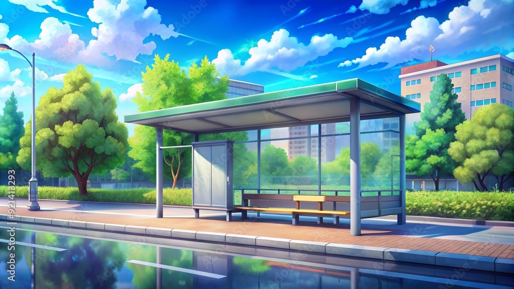 Anime-style bus stop background with vibrant colors, cute characters ...