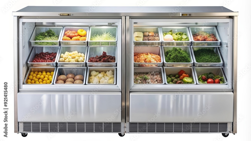 Double glass door chest freezer filled with various ice creams, meat ...