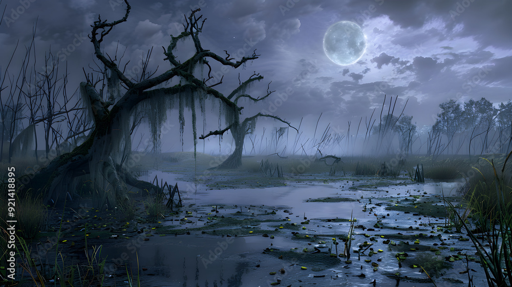Mysterious Quagmire Swamp: An Eerie Moonlit Bog with Twisted Trees and ...