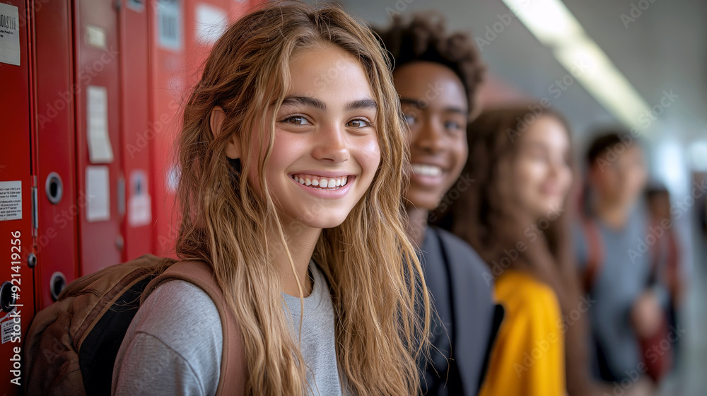 Group of diverse high school students, with a focus on a smiling ...