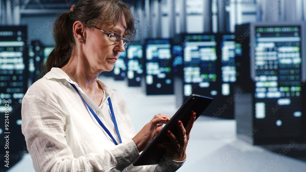 Octogenarian system administrator working in data center housing GPU ...