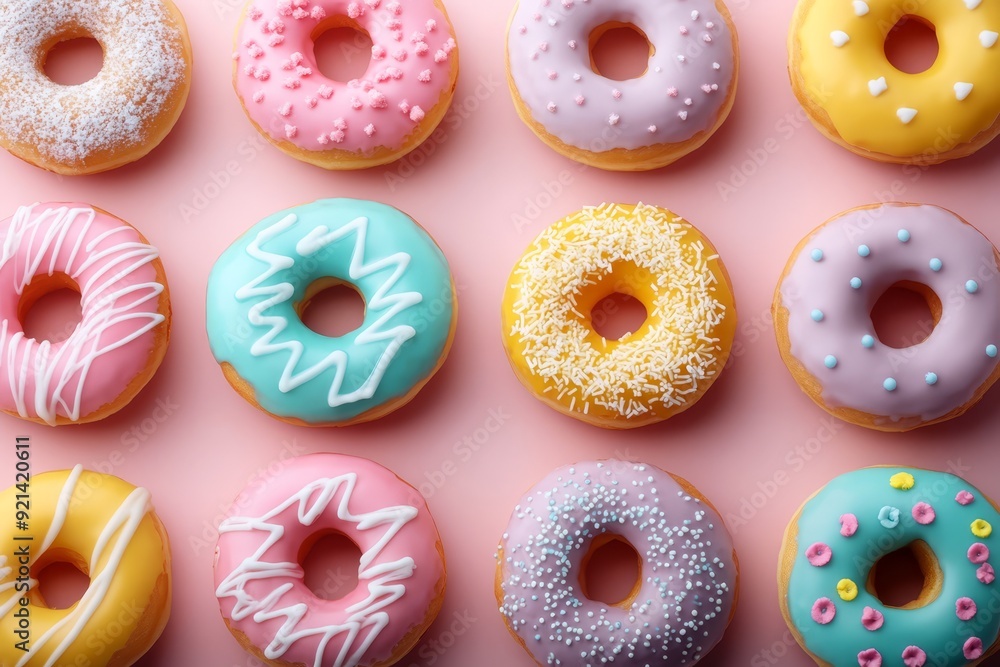 Pastel donuts arranged perfectly in a knolling layout against a soft ...