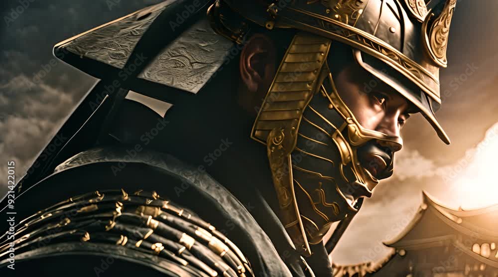 Close-up portrait of a samurai in traditional armor, with an intense ...
