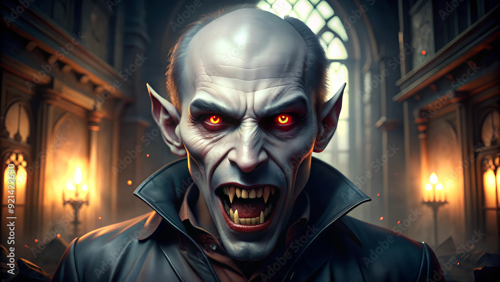 Menacing vampire with glowing red eyes and fangs in a gothic castle ...