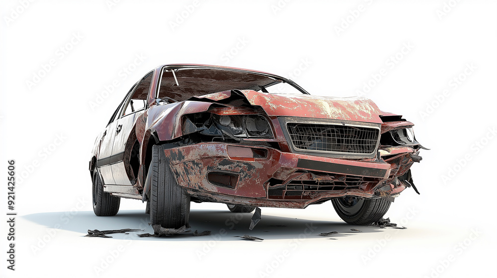 heavily damaged wrecked car on white background, illustrating vehicle ...