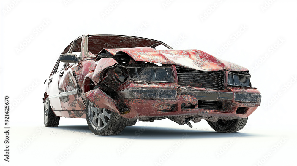 heavily damaged wrecked car on white background, illustrating vehicle ...