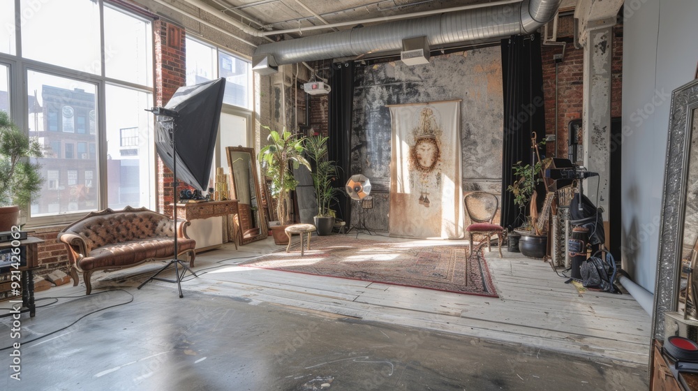 A photography studio with a variety of backdrops, lighting setups, and ...