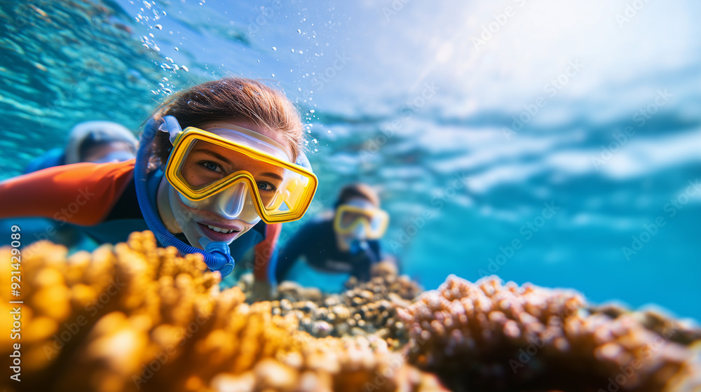 Enthusiastic marine biologist, underwater, observing vibrant coral ...