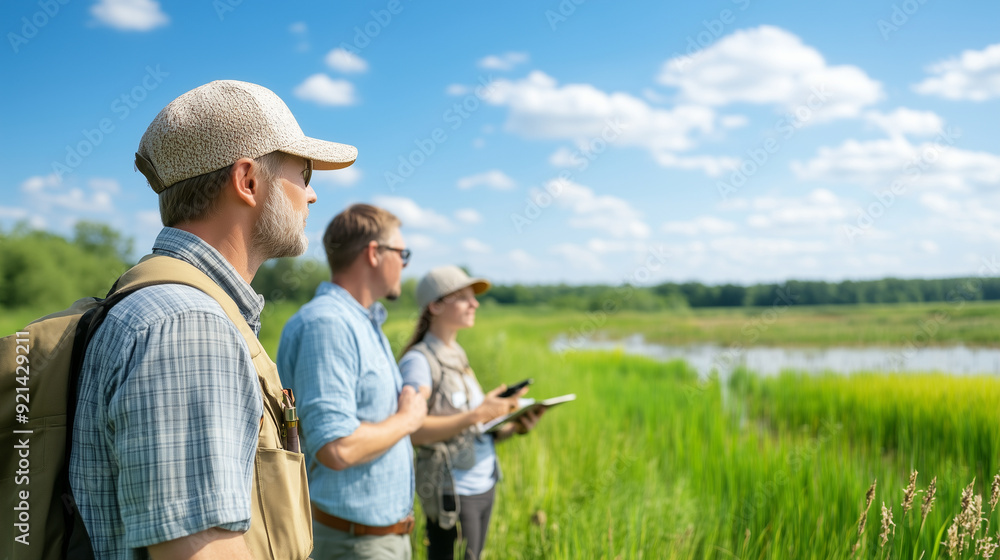 Visionary ecologist, surveying a restored wetland with a team of ...