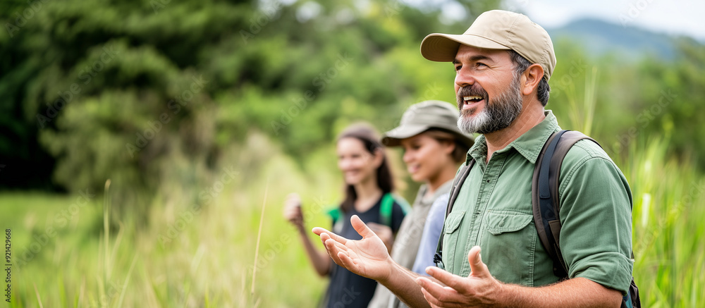 Committed ecotourism guide, leading a small group through a protected ...