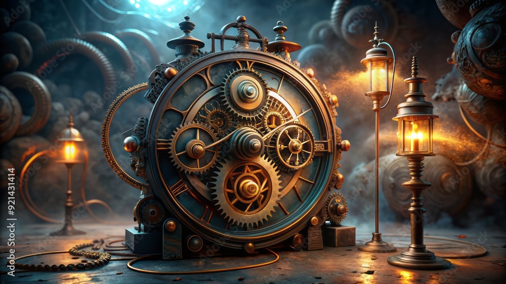 Retro-futuristic time machine with brass gears, copper wires, and a ...