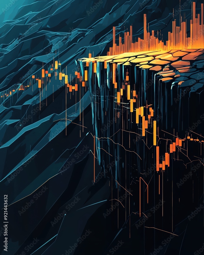 An illustration of a financial cliff with stock market graphs falling ...