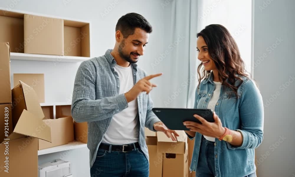 Moving, tablet and couple talk with interior design plan, pointing and ...
