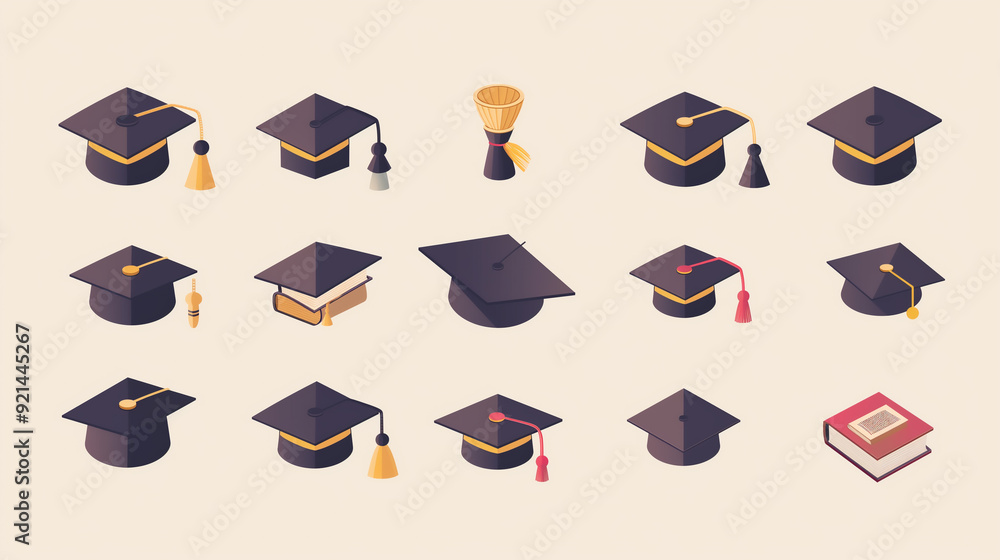 Graduation Caps Icon Set: A colorful and diverse collection of ...