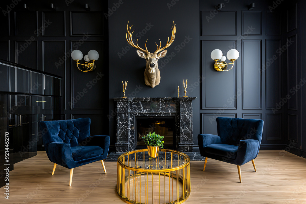 taxidermy stag head mounted above a luxurious marble fireplace in a ...