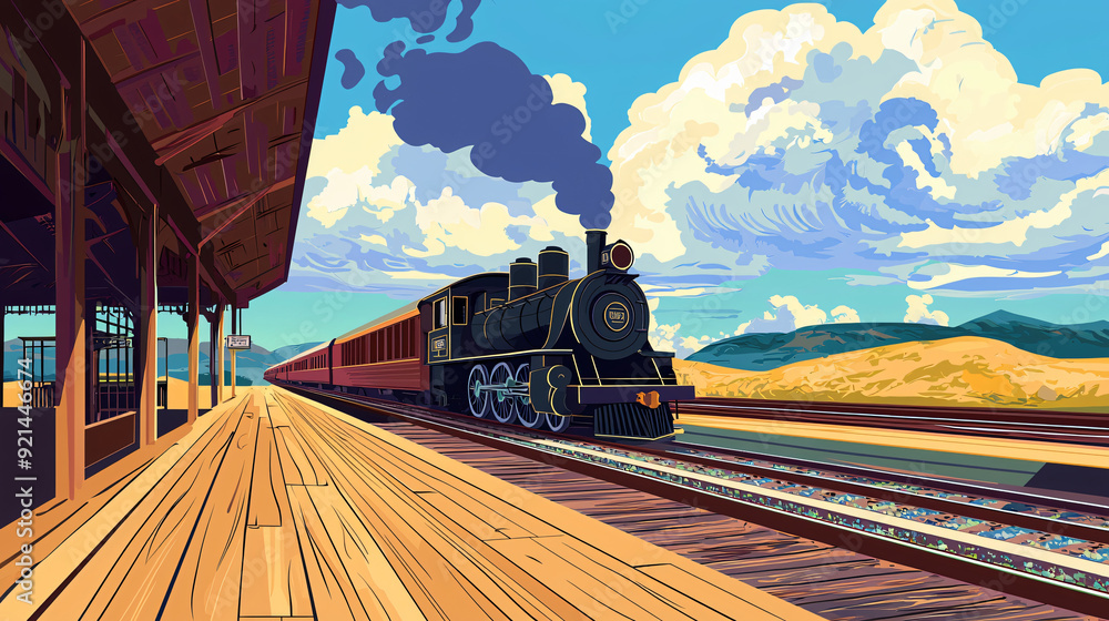 illustration of a Wild West train station with an old-fashioned steam ...