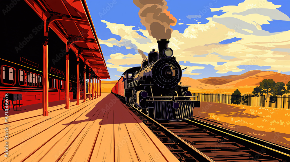 illustration of a Wild West train station with an old-fashioned steam ...