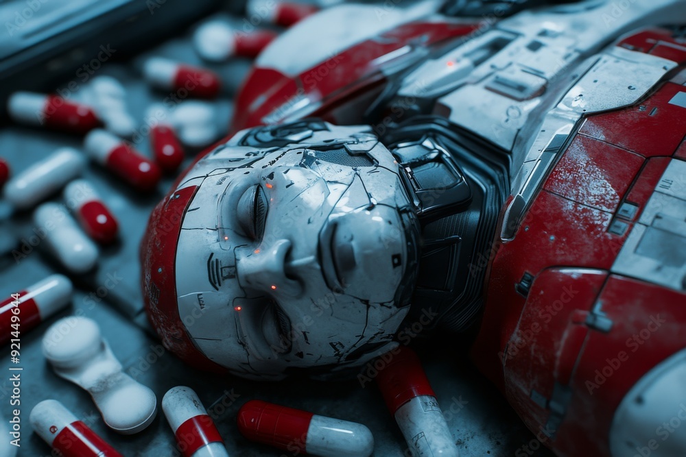 Futuristic humanoid robot lying amidst a sea of red and white pills ...