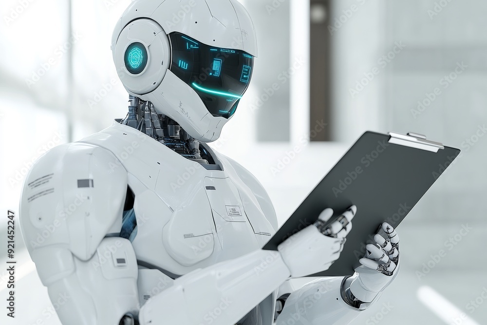 White humanoid robot holding a clipboard symbolizing the role of AI in ...