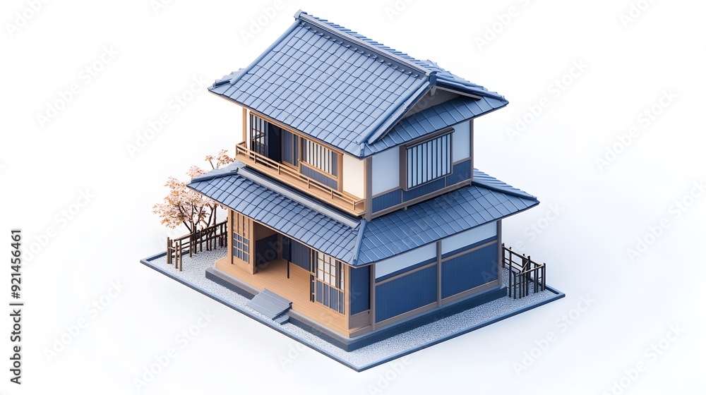 3d isometrics model of a Japanese traditional house with blue roof and ...