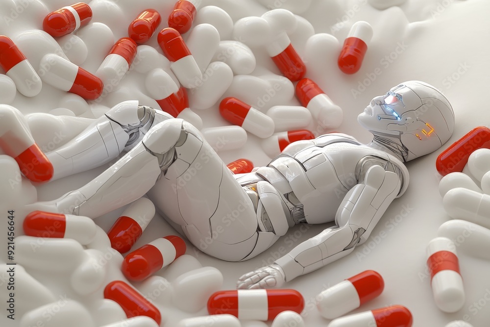 Robot hand tenderly holding a cluster of pharmaceutical capsules ...