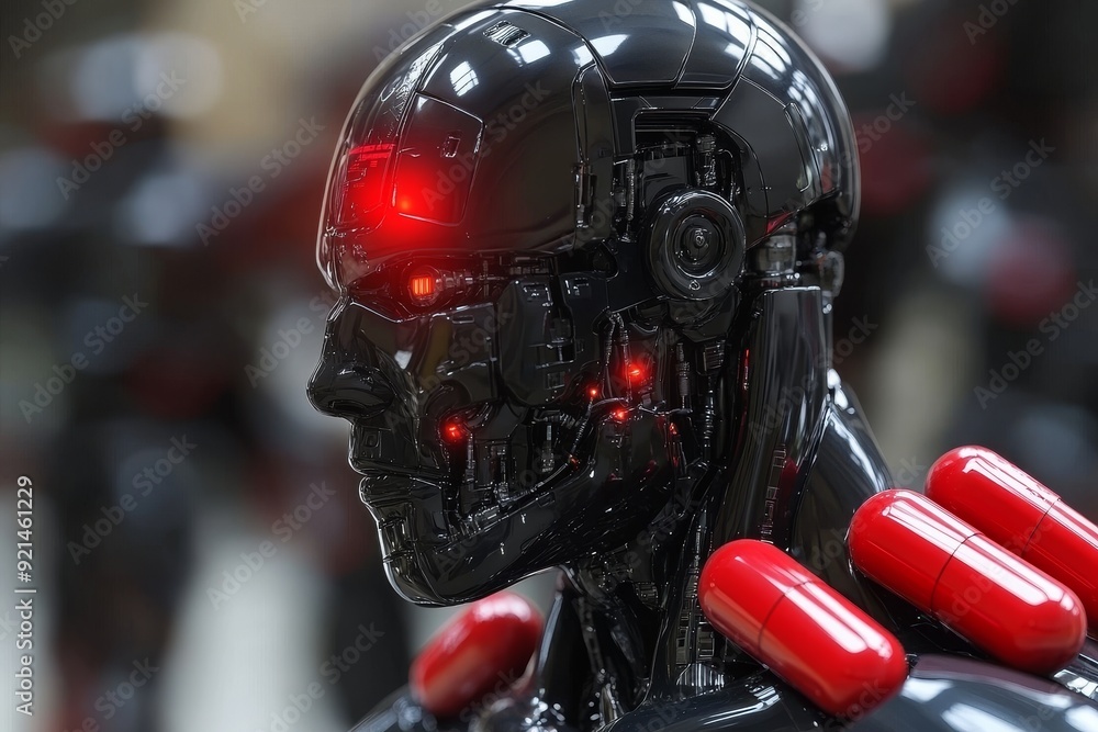 Robotic skull with glowing red eyes embodying the ominous presence of ...