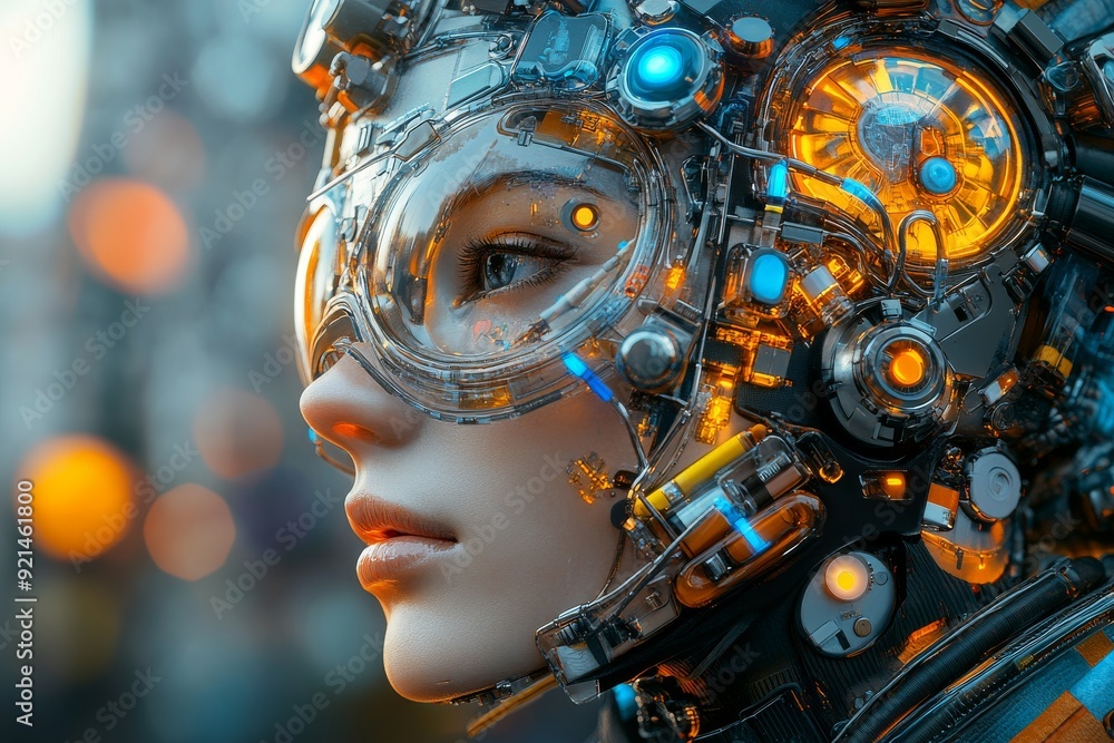 Futuristic female face with mechanical components exploring the ...