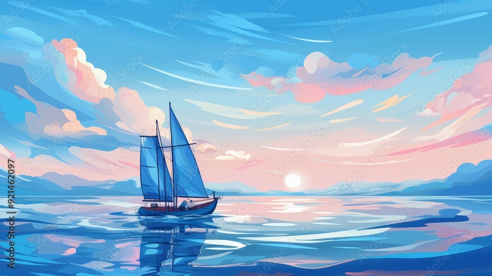Calm ocean waves flat design, front view, seaside serenity, cartoon ...