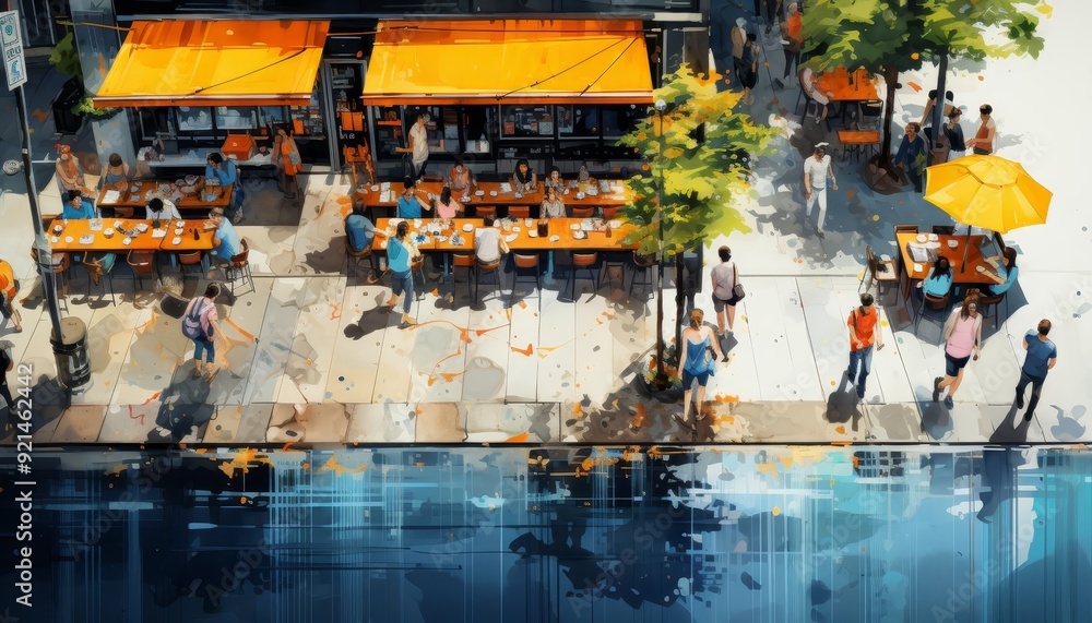 Candid street photography flat design, top view, everyday life, water ...