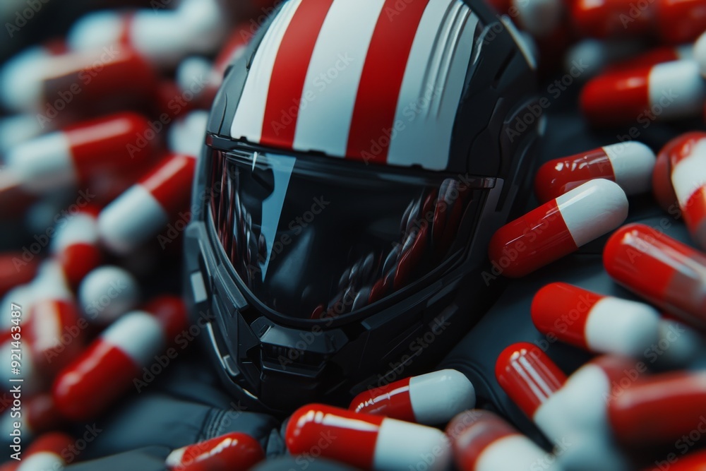 Black helmet with red and white stripes lying among capsules ...