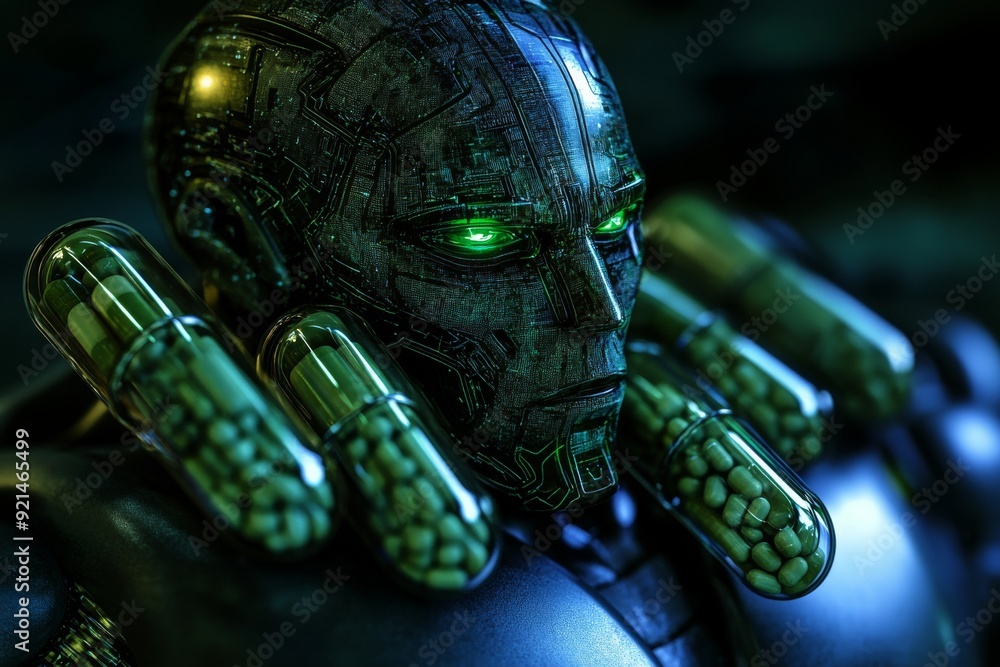 Green eyed robot with exposed circuitry and capsule shaped components ...
