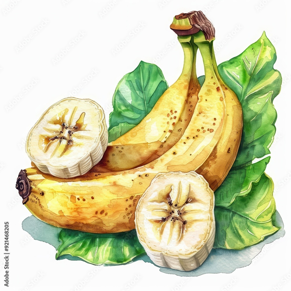 One Banana fruit cut in halves with two whole Banana fruits, Banana ...
