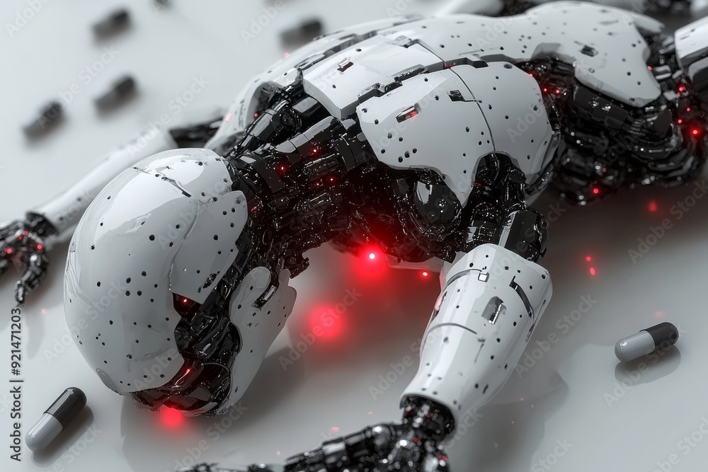 Futuristic robot with red glowing eyes in a dynamic combat stance ready ...
