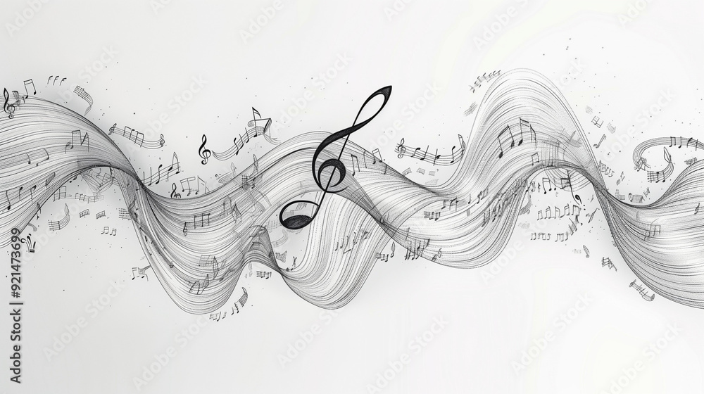 Music Notes on a Flowing Staff. A flowing staff with musical notes and ...