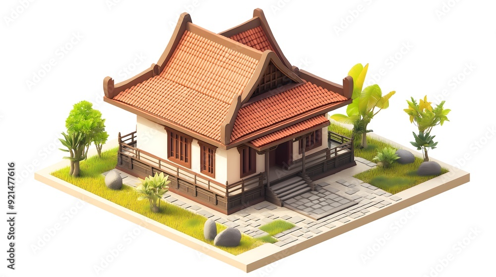 3d rendering isometrics model of a Javanese traditional house, 3d model ...