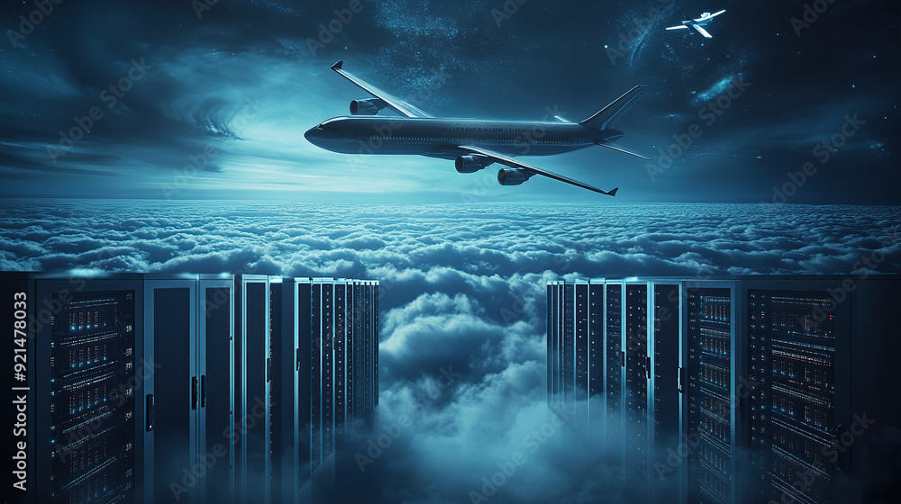 digital air flight background with airplane flying over dark blue ...