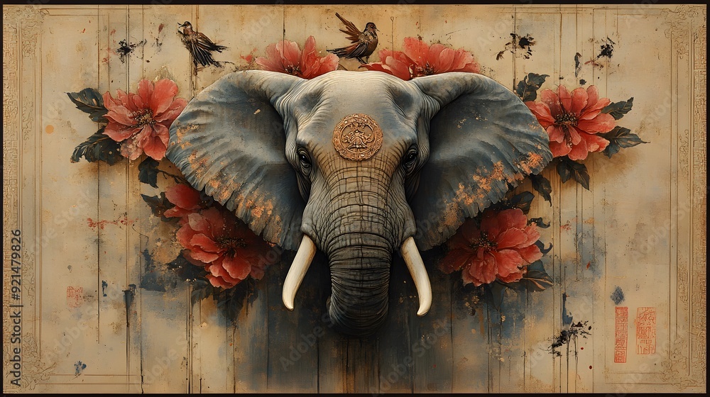Auspicious Elephant and Traditional Symbols: An elephant surrounded by ...