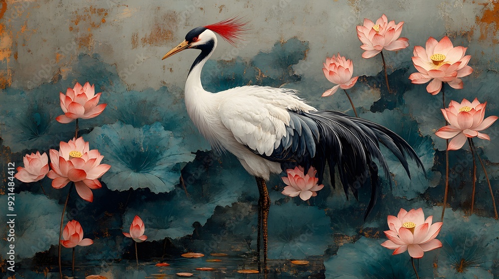 Auspicious Crane Amidst Lotus Flowers: A crane surrounded by lotus ...