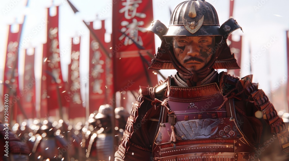 Create a 3D model of a samurai leading an army, with banners and ...