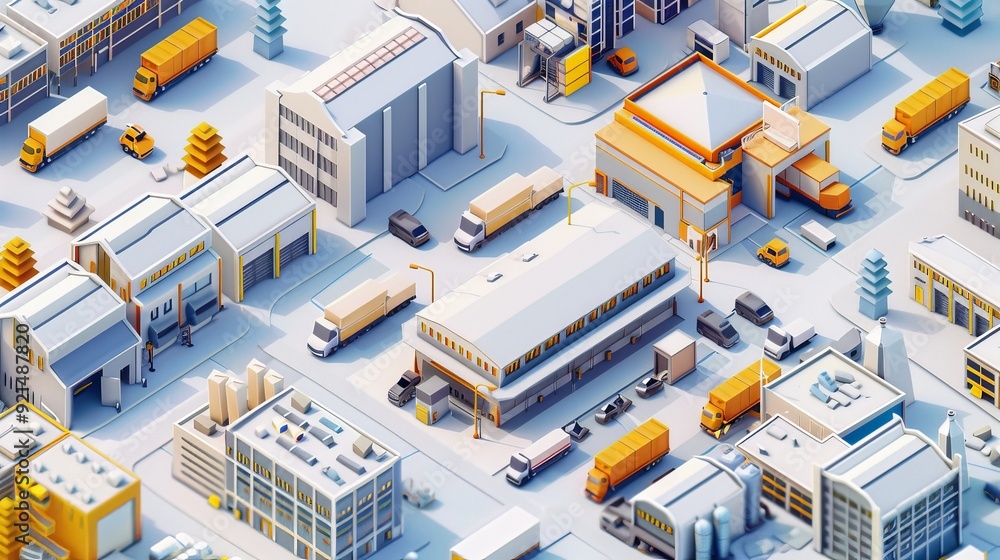 An isometric city logistics center with warehouses, distribution points ...