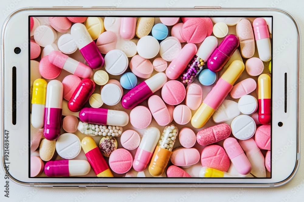 Pills of various colors displayed on a smartphone screen visualizing ...