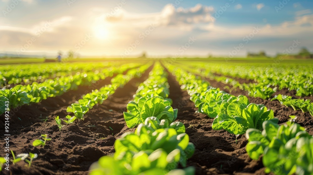 Color photo of a sustainable farm, crops growing in neat rows with eco ...