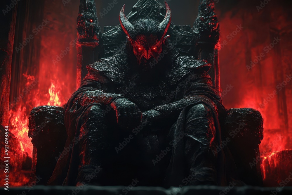 imposing demon lord seated on ornate obsidian throne dark brooding ...