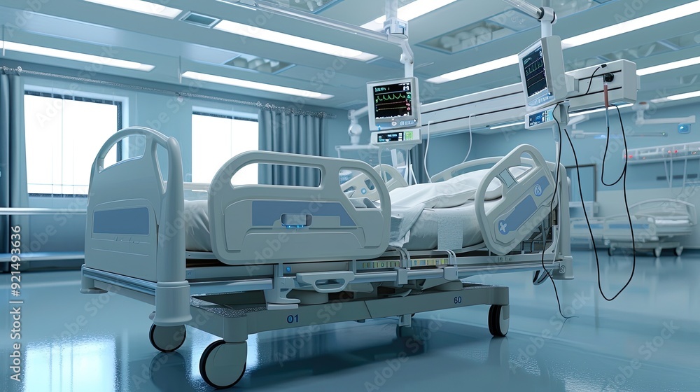 Color photo of a hospital bed in an ICU, detailed equipment with ...
