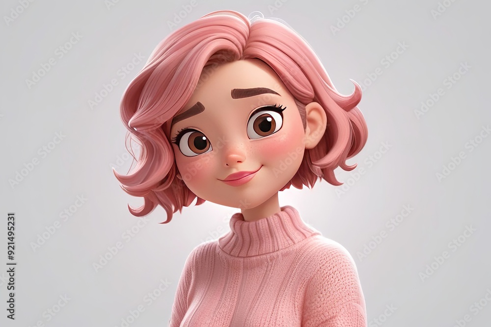 Shy blushing cartoon character young woman in a pink sweater in 3D ...