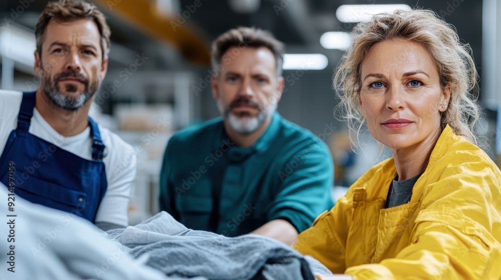 Three workers, two men and one woman, in an industrial setup, focused ...