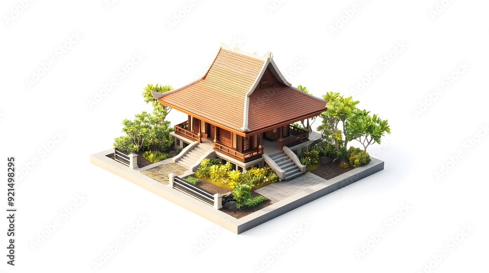3d rendering of a isometrics model of a balinese house with a tree ...