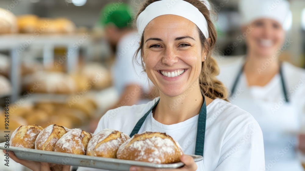 A delighted female baker with a headband holds a tray of fresh, crusty ...